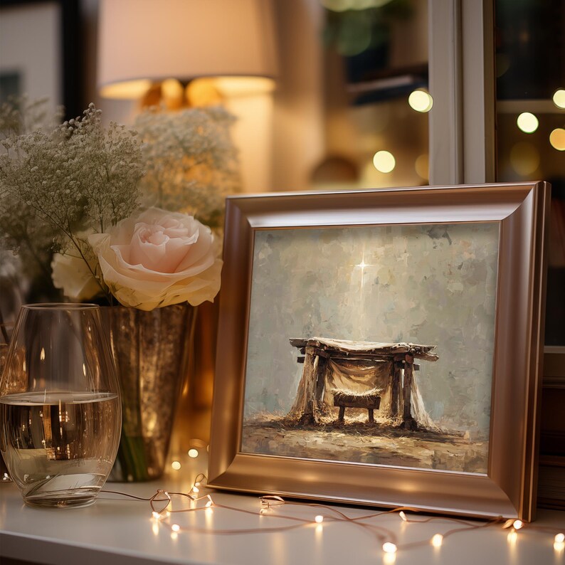 Rustic Wooden Manger Oil Painting - Traditional Earthy Wall Art, Serene ...