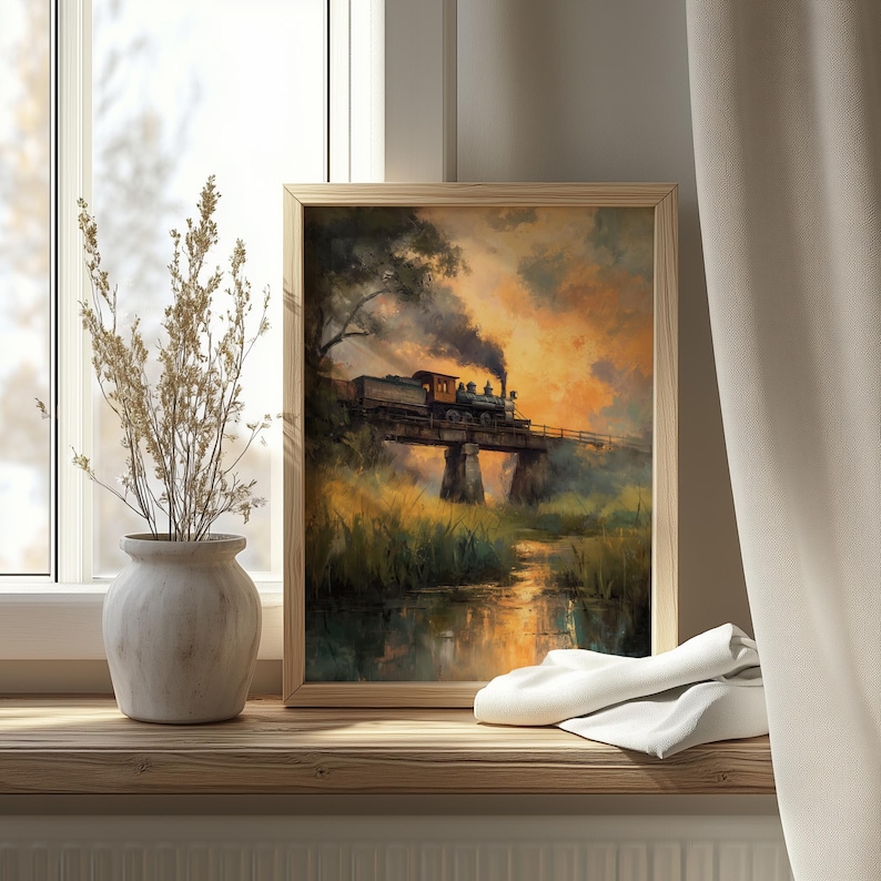 Steam Locomotive on Bridge at Golden Hour – Rustic Train Scene, Vintage ...