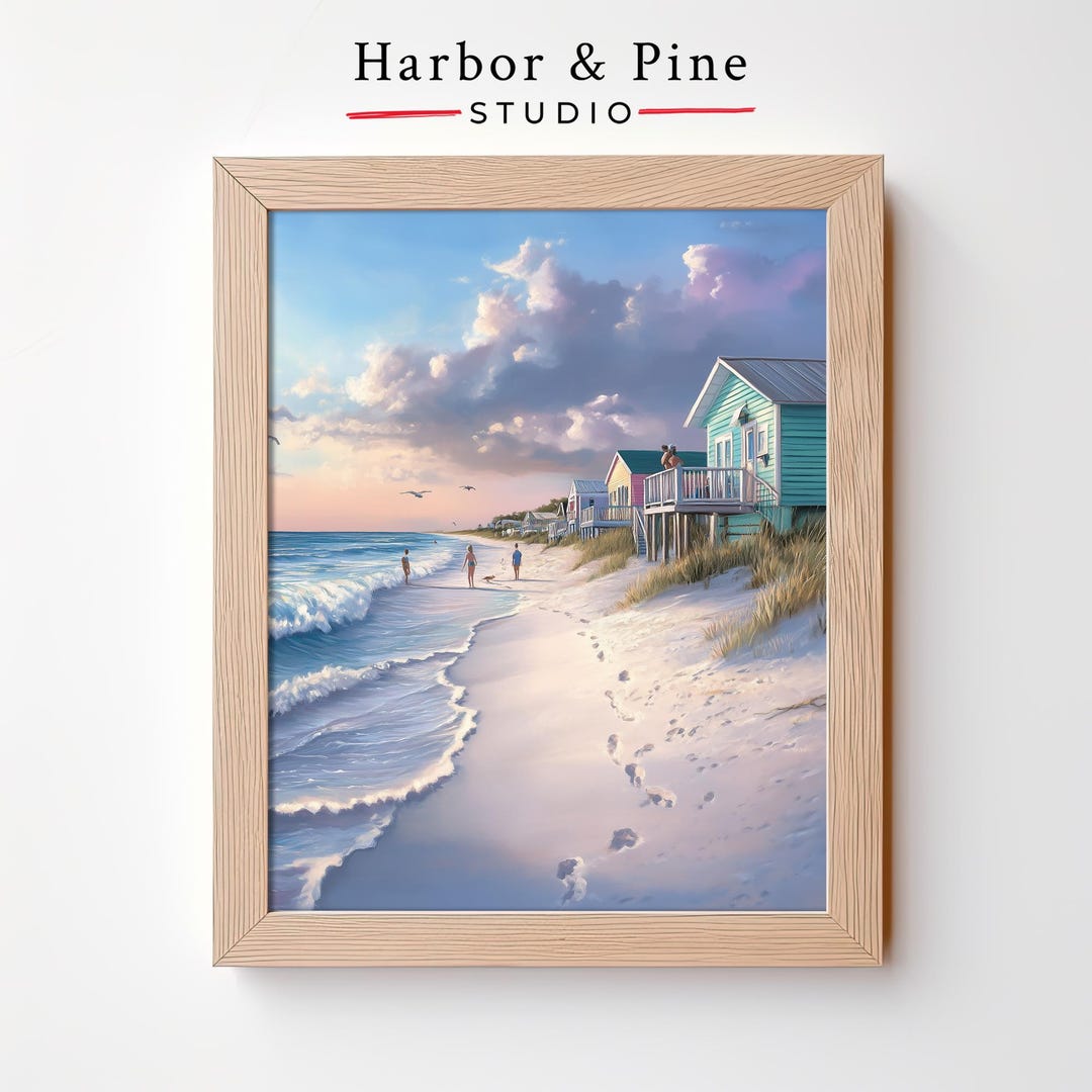 Beach House Ocean View Print – Coastal Village Scene, Colorful Beach ...