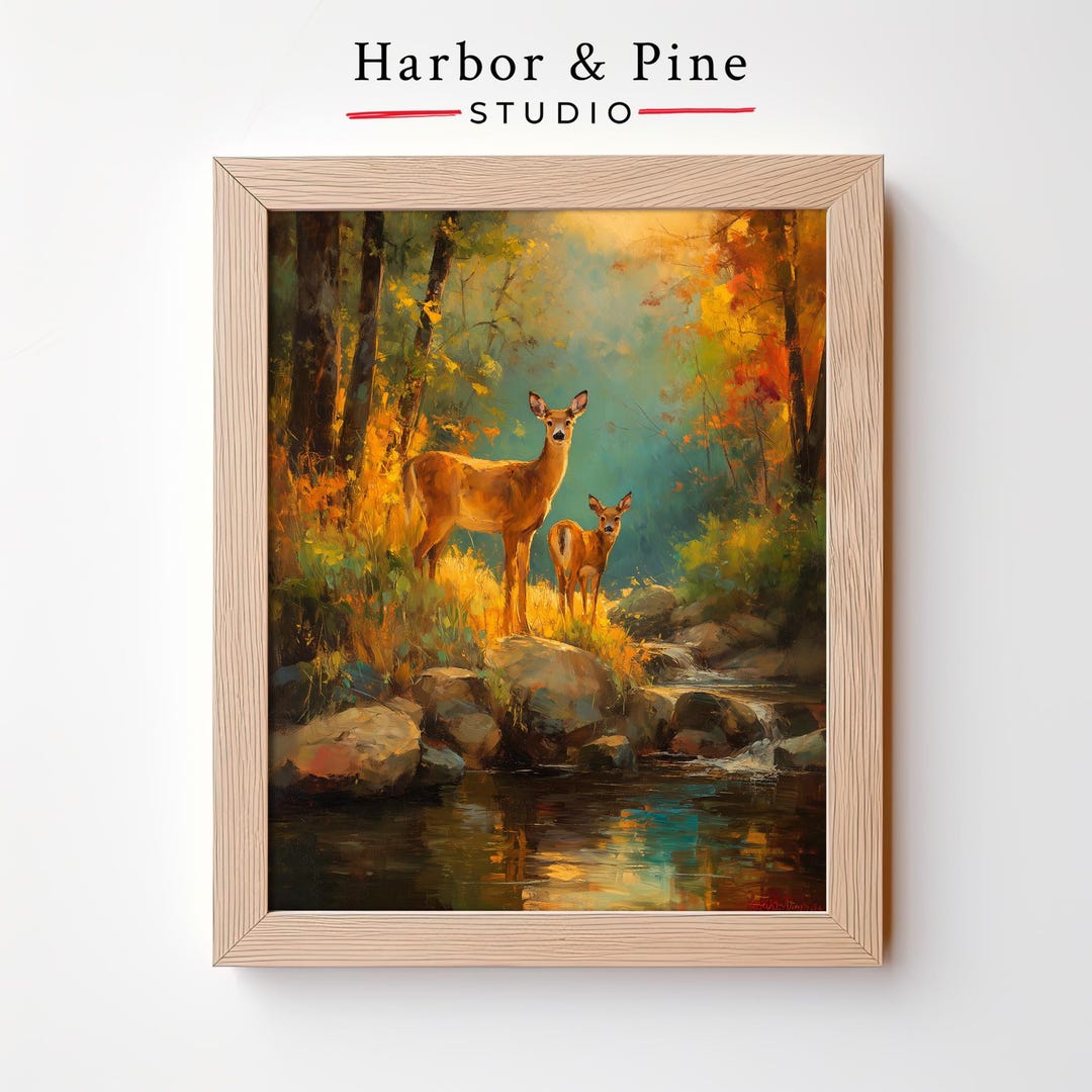 Peaceful Forest Deer Scene in Oil Style - Rustic Wildlife Painting of ...