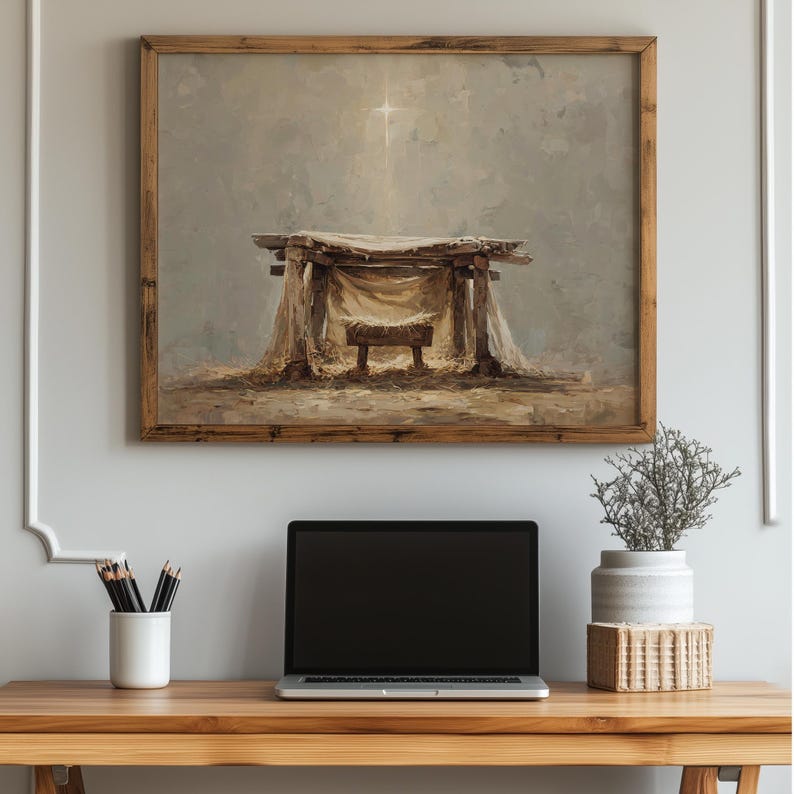 Rustic Wooden Manger Oil Painting - Traditional Earthy Wall Art, Serene ...