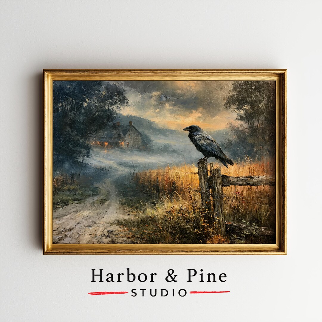 Moody Raven Farmhouse Art, Rustic Autumn Landscape, Country Cottage ...
