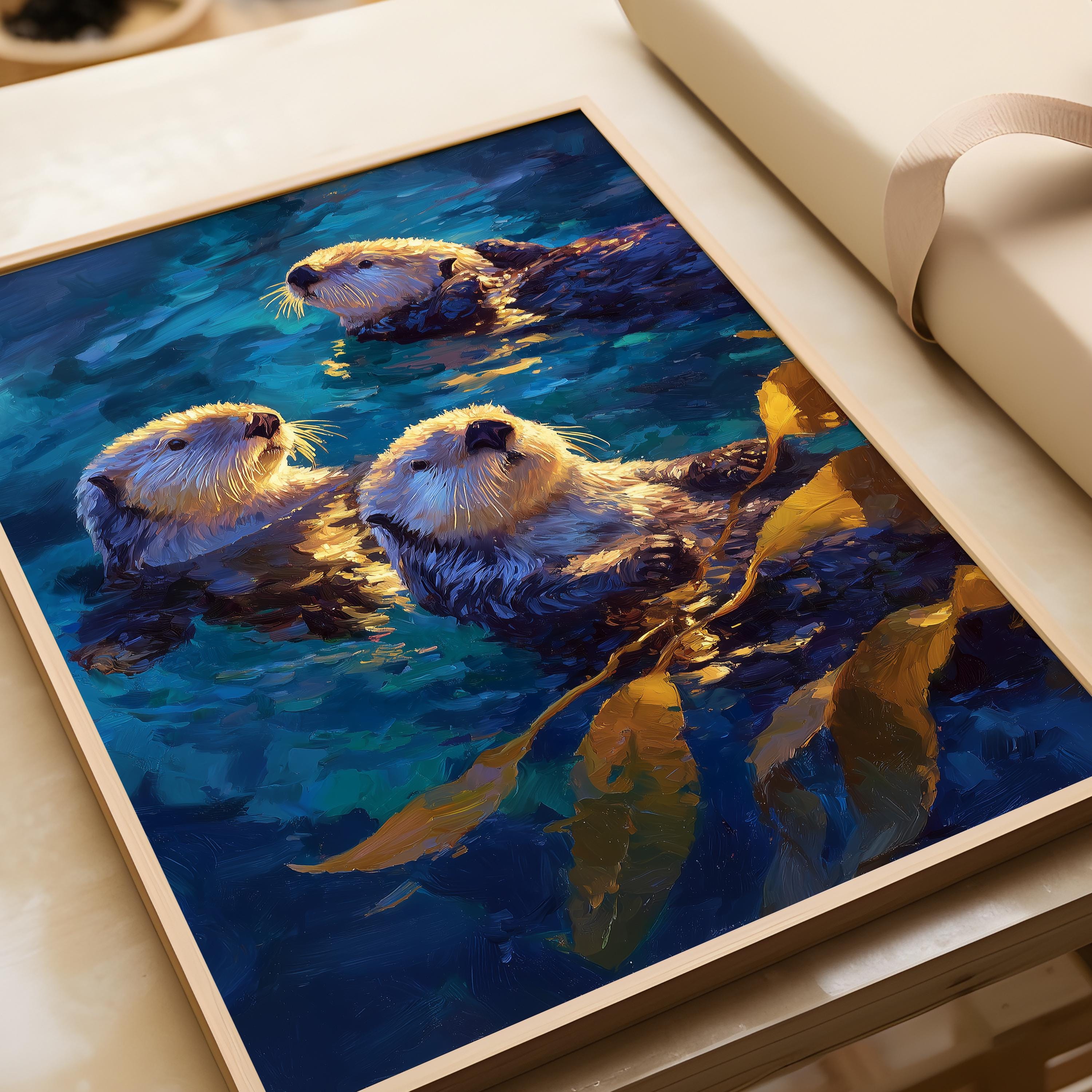 Playful Sea Otters Oil Painting - Printable Coastal Wall Art, Ocean ...