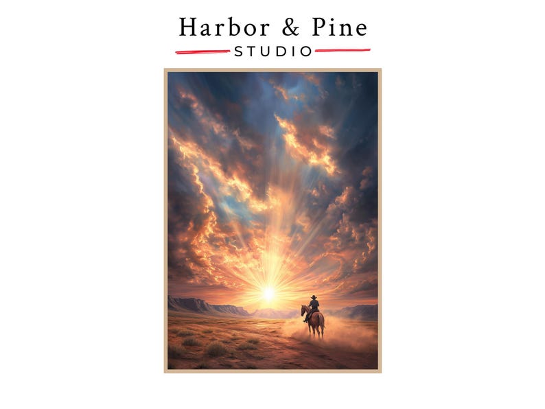 Cowboy Riding Into Sunset Printable - Dramatic Western Landscape ...