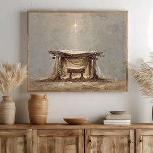 Rustic Wooden Manger Oil Painting - Traditional Earthy Wall Art, Serene ...