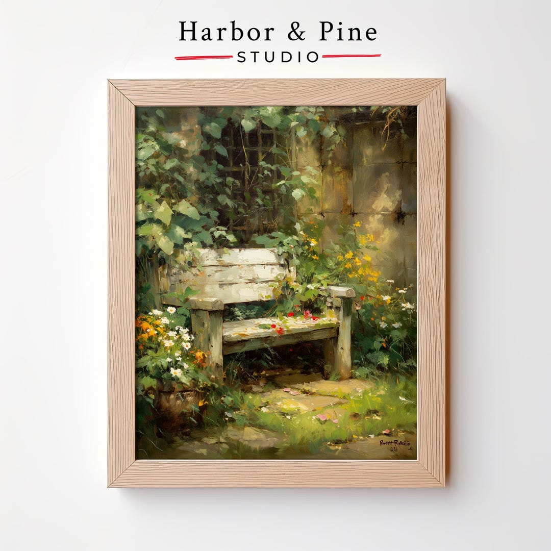Overgrown Garden Bench Print Quiet Floral Scene With Wild Rustic Growth ...