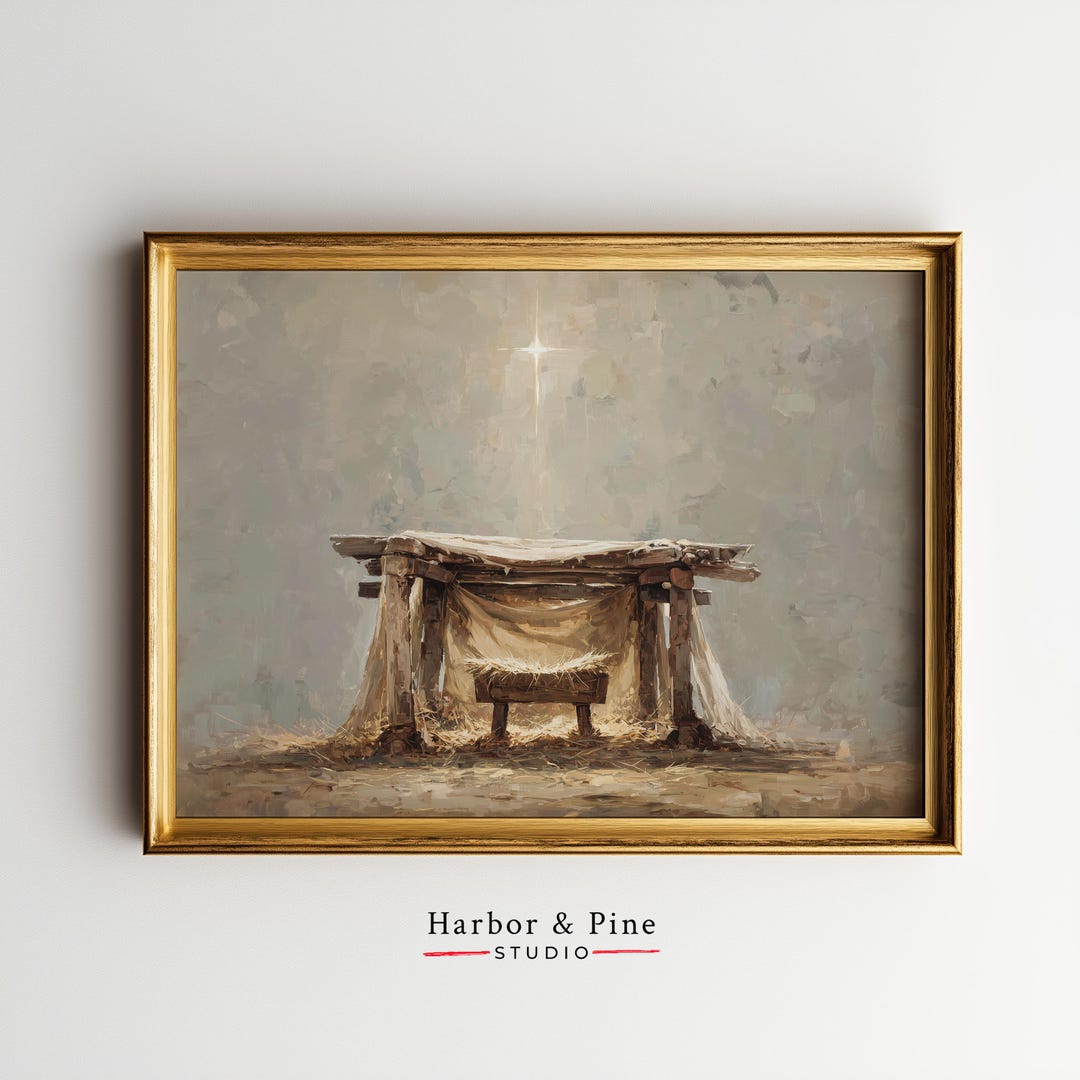 Rustic Wooden Manger Oil Painting - Traditional Earthy Wall Art, Serene ...