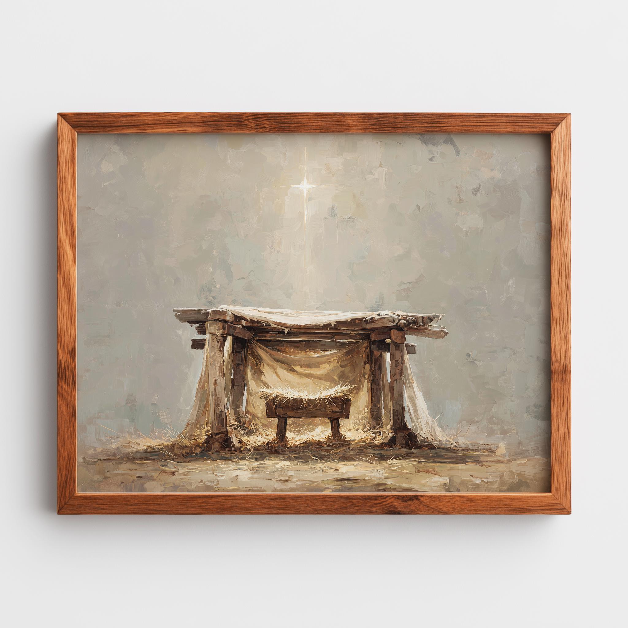 Rustic Wooden Manger Oil Painting - Traditional Earthy Wall Art, Serene ...
