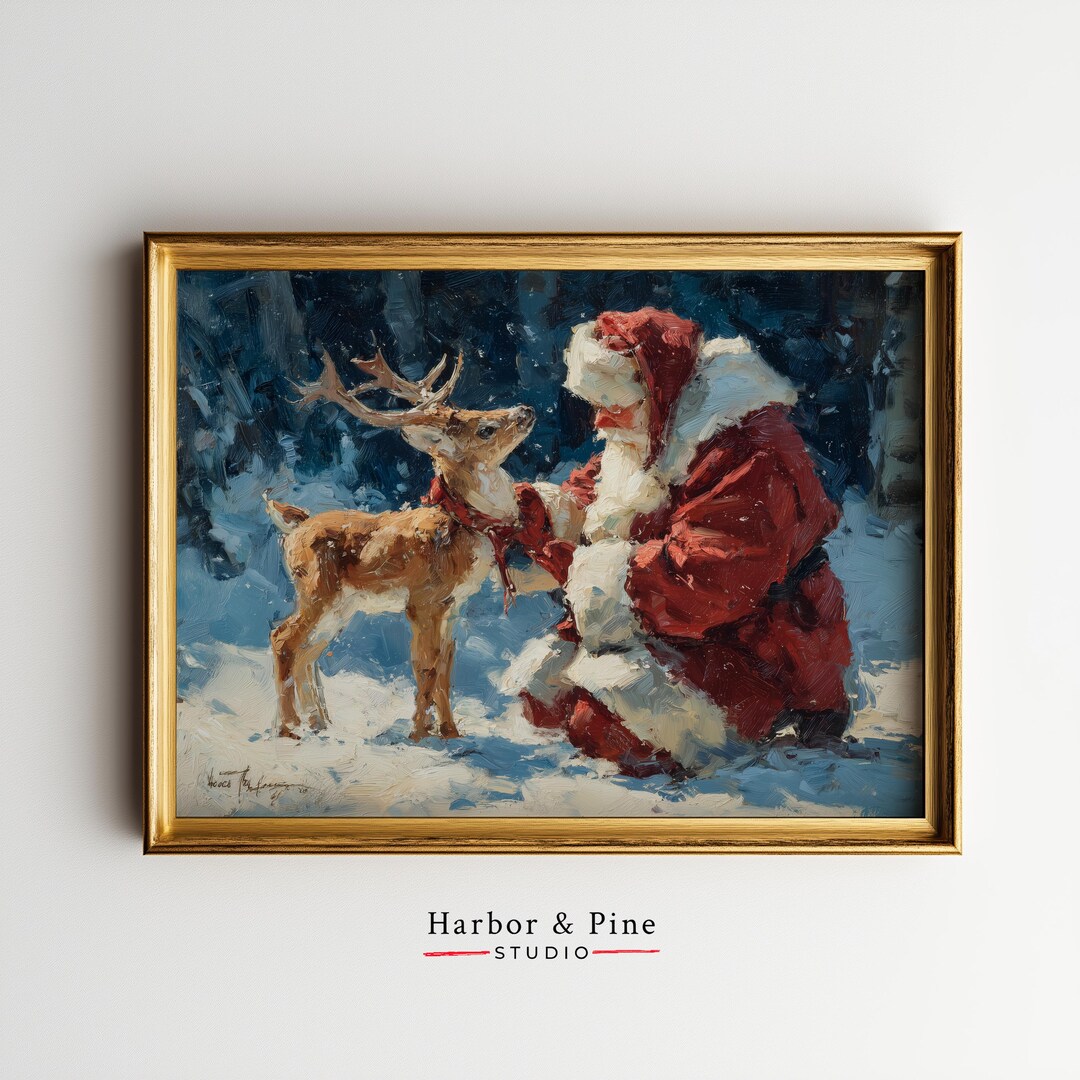 Christmas Santa With Rudolph Painting - Vintage Holiday Print, Rustic ...