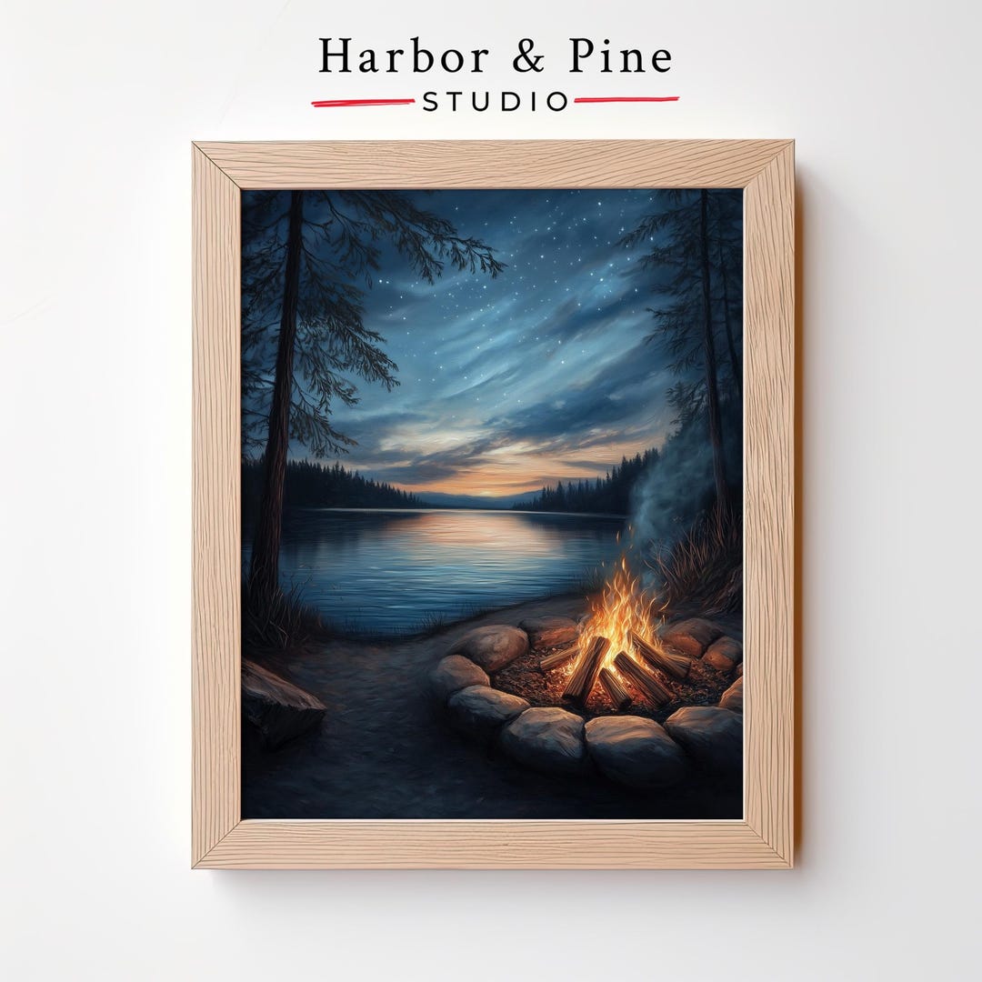 Campfire at Twilight Wall Art - Lake Scene With Warm Firelight, Rustic ...