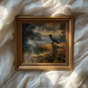 Moody Raven Farmhouse Art, Rustic Autumn Landscape, Country Cottage ...