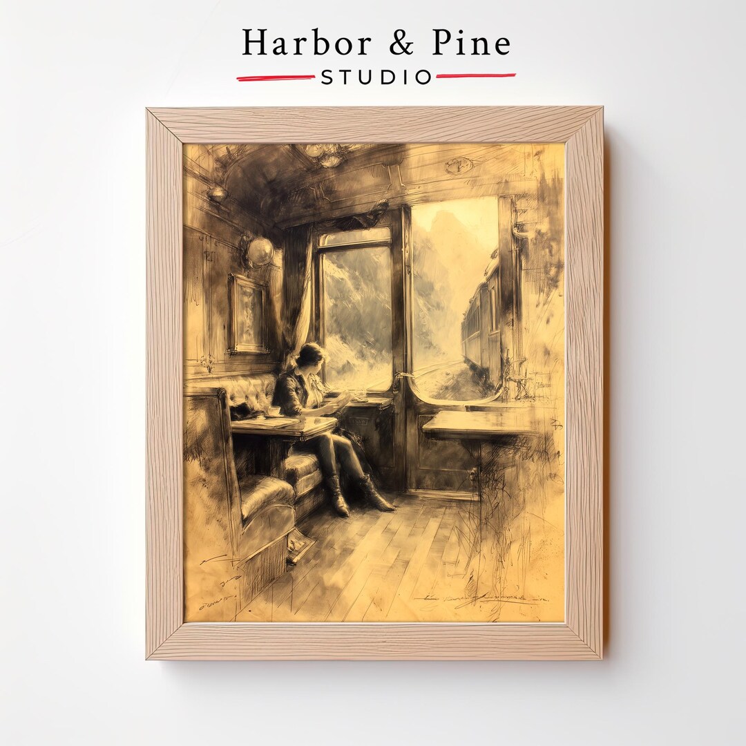 Vintage Train Car Interior Charcoal Drawing – Moody Antique Railway ...