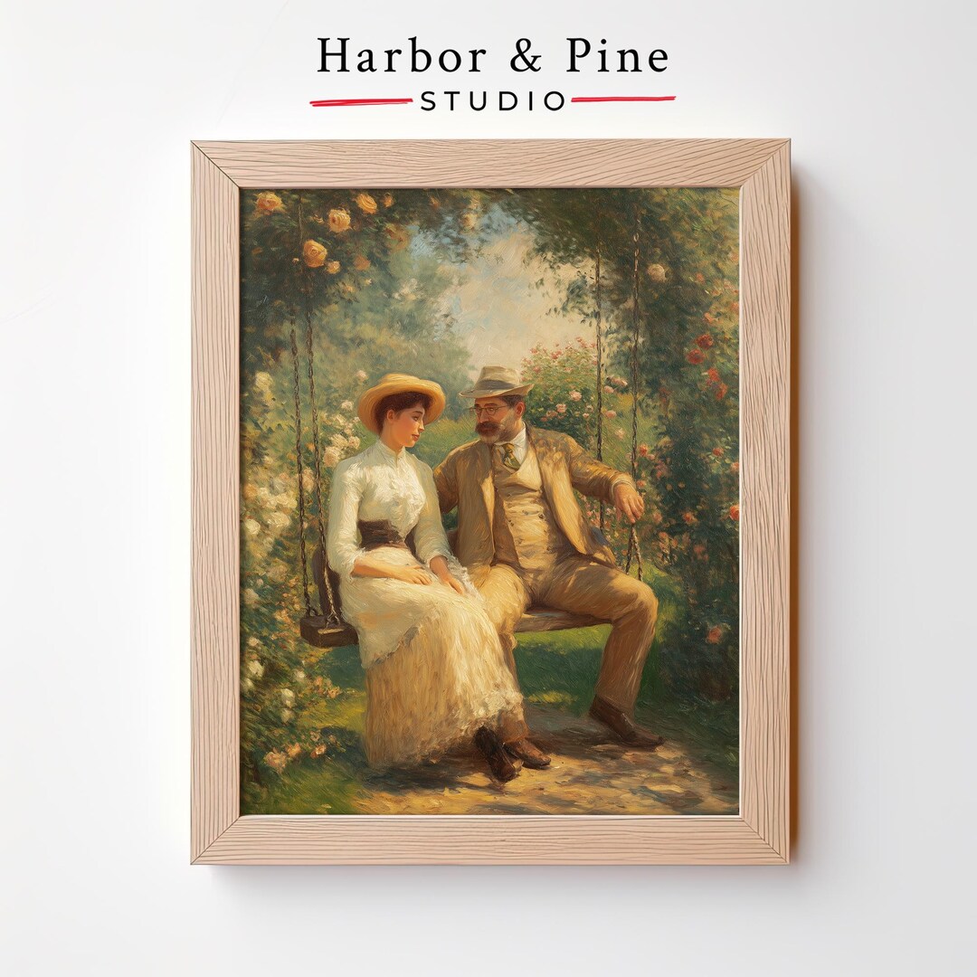 Vintage Couple on Garden Swing Wall Art Romantic Floral Scene in ...
