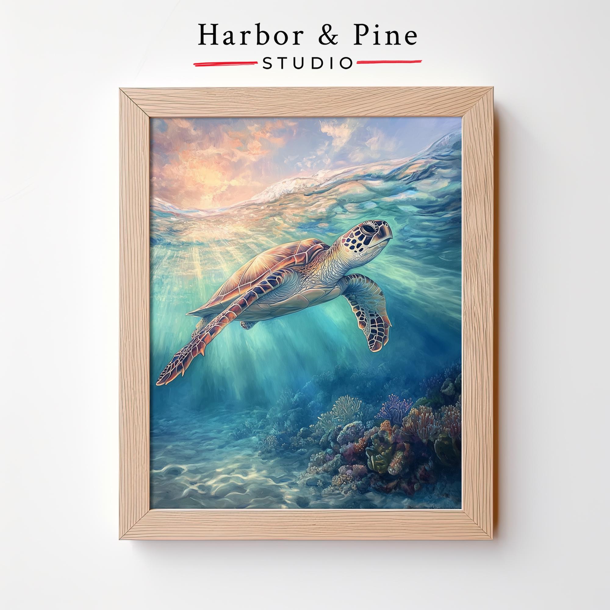 Sea Turtle Wall Art Printable - Tropical Ocean Animal Swimming Over ...
