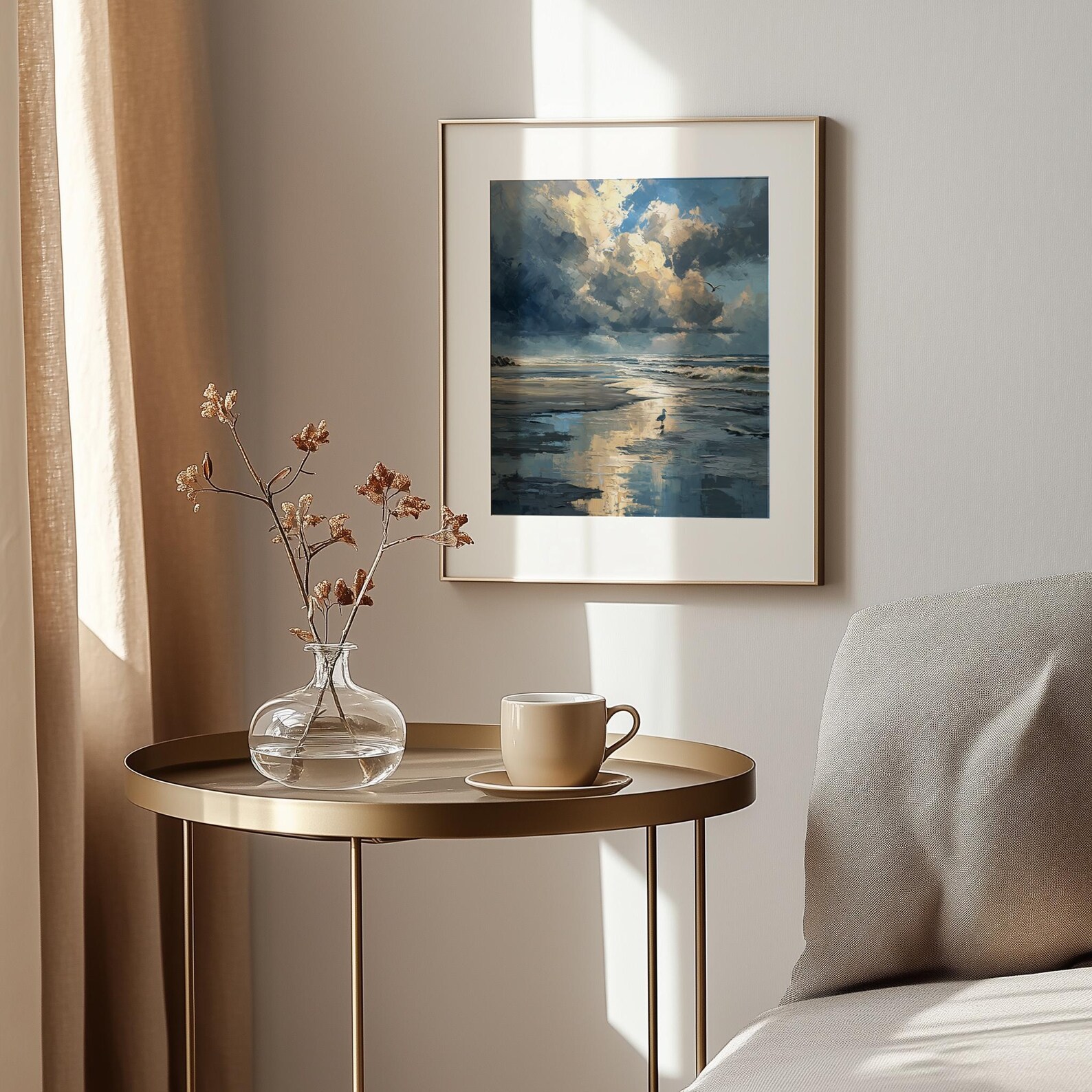 Moody Storm Flat Beach, Printable Coastal Landscape, Rustic Sea View ...