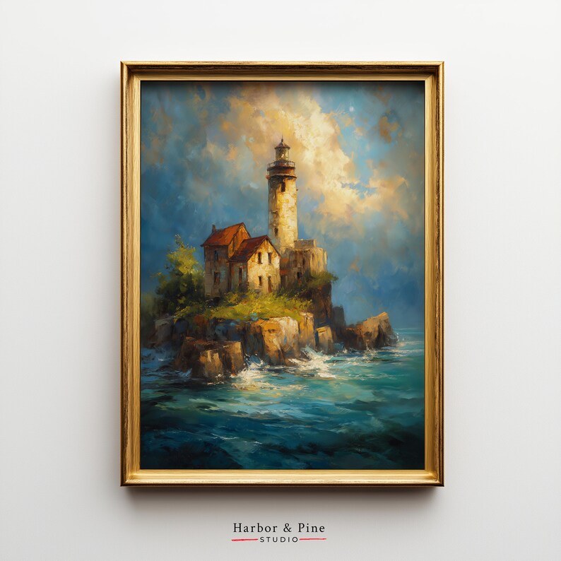 Moody Lighthouse on Rocky Island - Printable Coastal Wall Art, Nautical ...