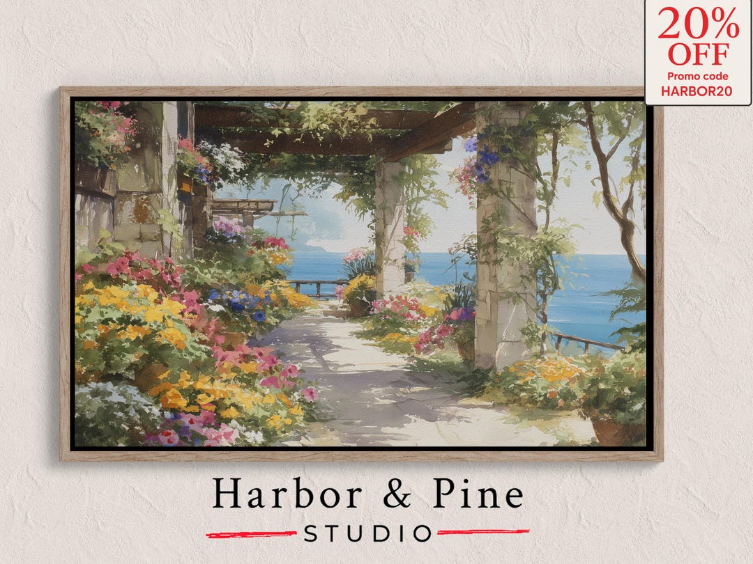 Seaside Garden Pathway Painting - Cottagecore Summer Landscape, Vibrant ...