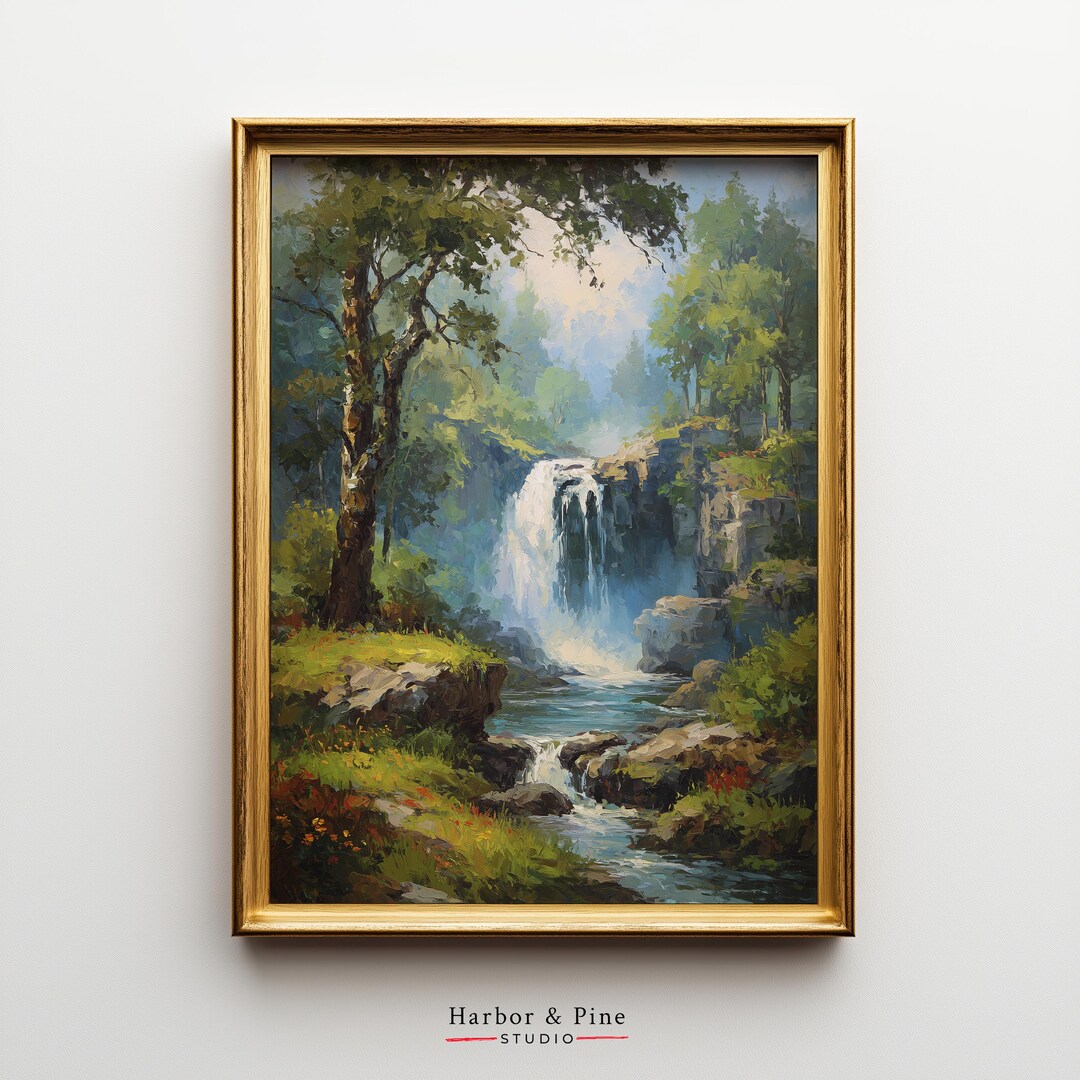 Printable Waterfall in Lush Forest – Serene Cottagecore Landscape Art ...