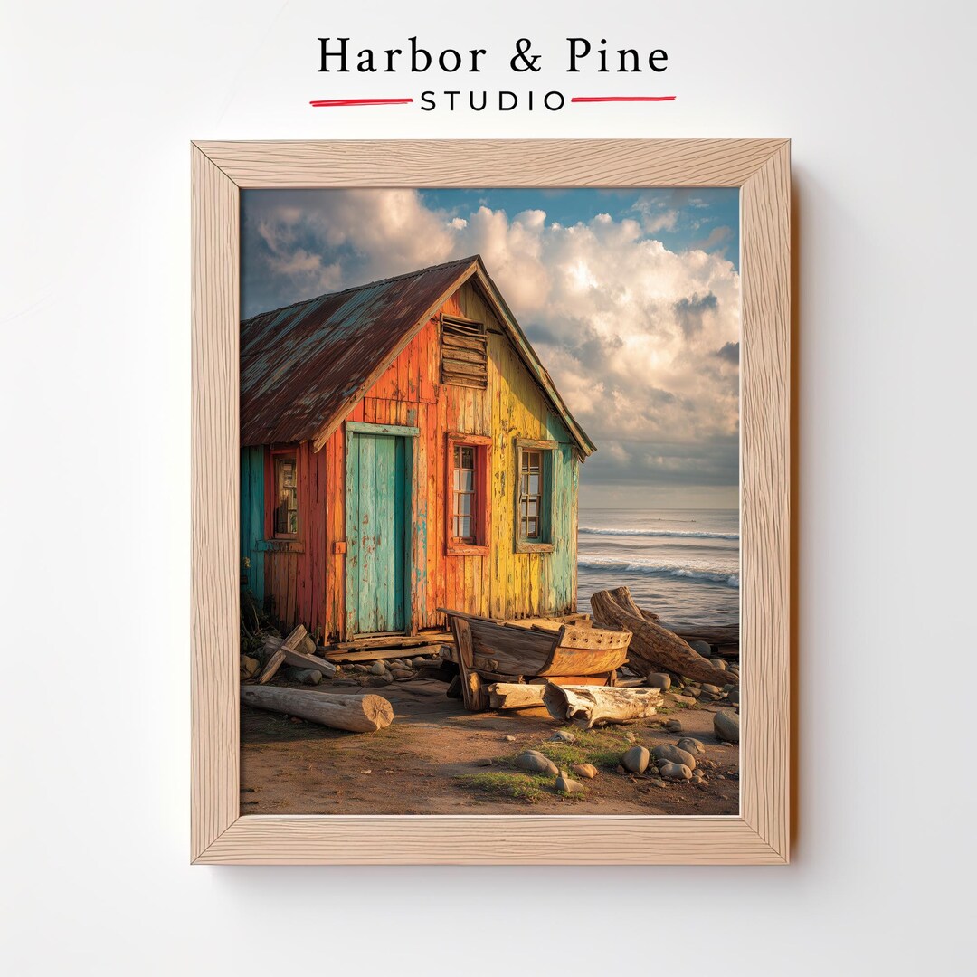 Coastal Surf Shack Art Printable – Rustic Seaside Cabin, Surfboards and ...