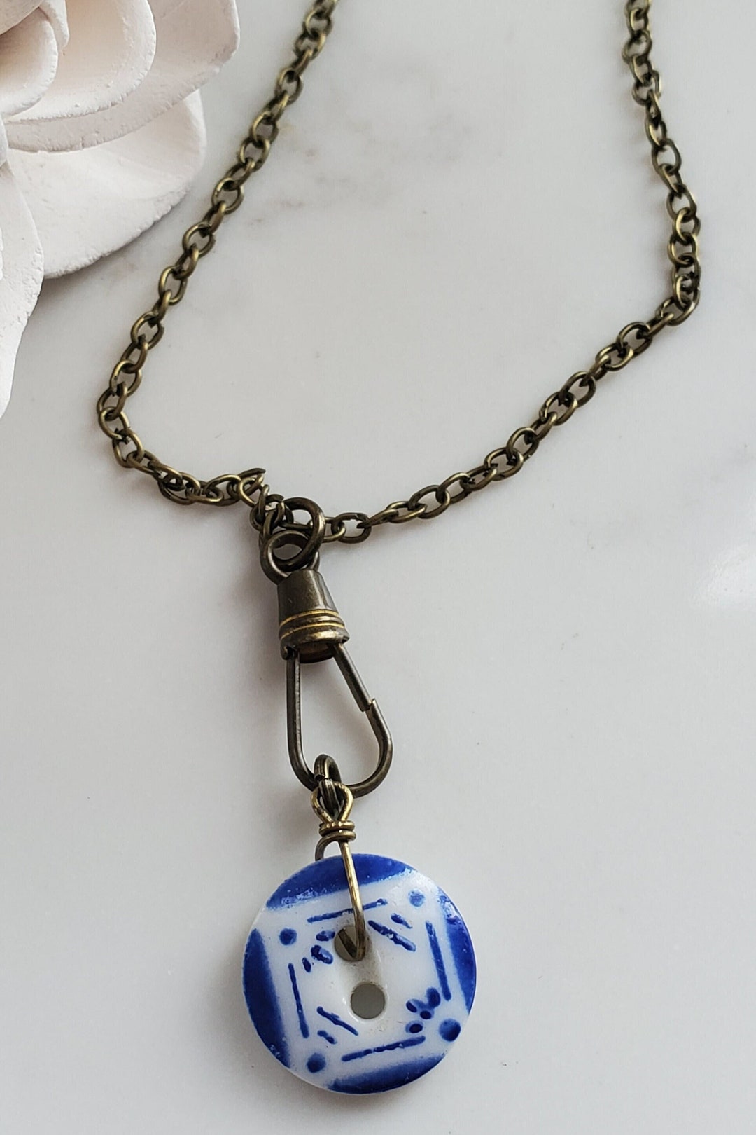 Antique China Button Necklace: Blue Victorian Jewelry, Brass Chain - Etsy