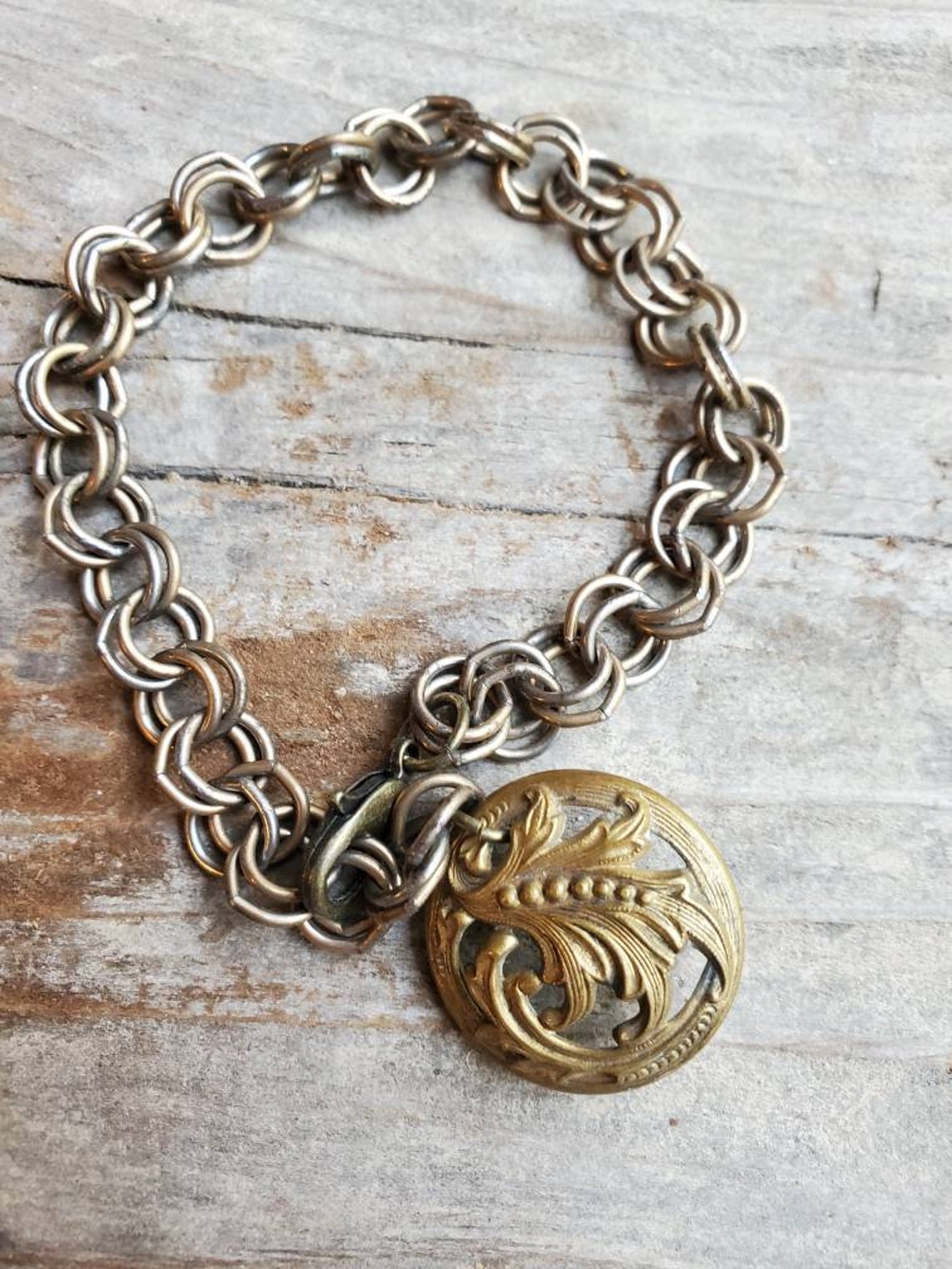 Fall Leaf Bracelet Brass Chain Bracelet Antique Brass Button | Etsy