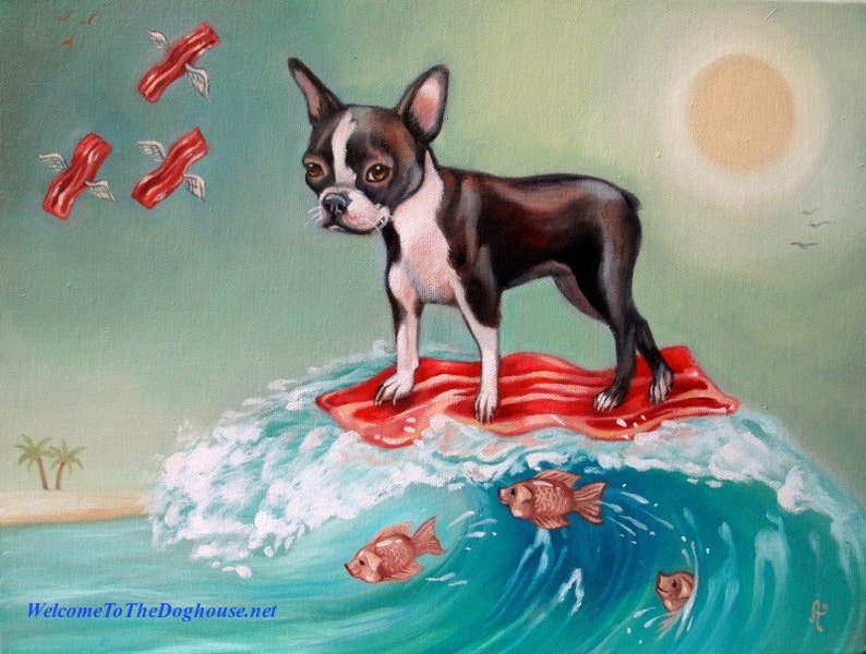 Boston Terrier Surfing Bacon Art Print - Etsy