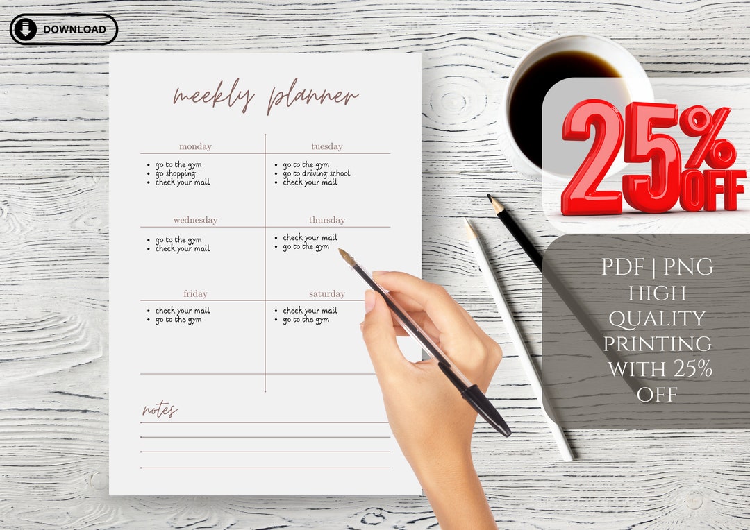 Printable Weekly Planner, A4 Digital Download, Basic Weekly Planner ...