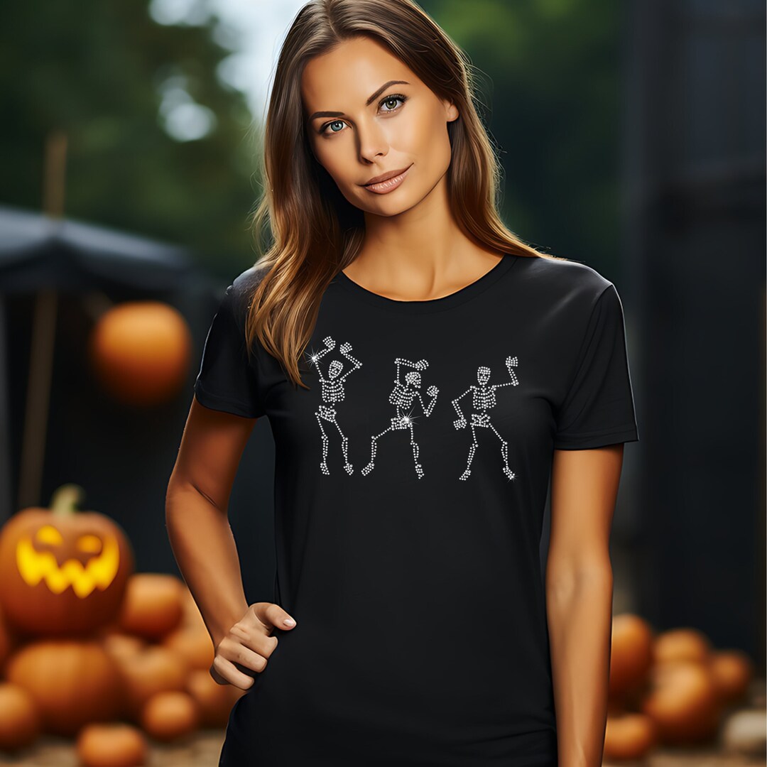 Halloween Rhinestone Skeleton Shirt, Scary Bling T-shirt, Fall Ladies T ...
