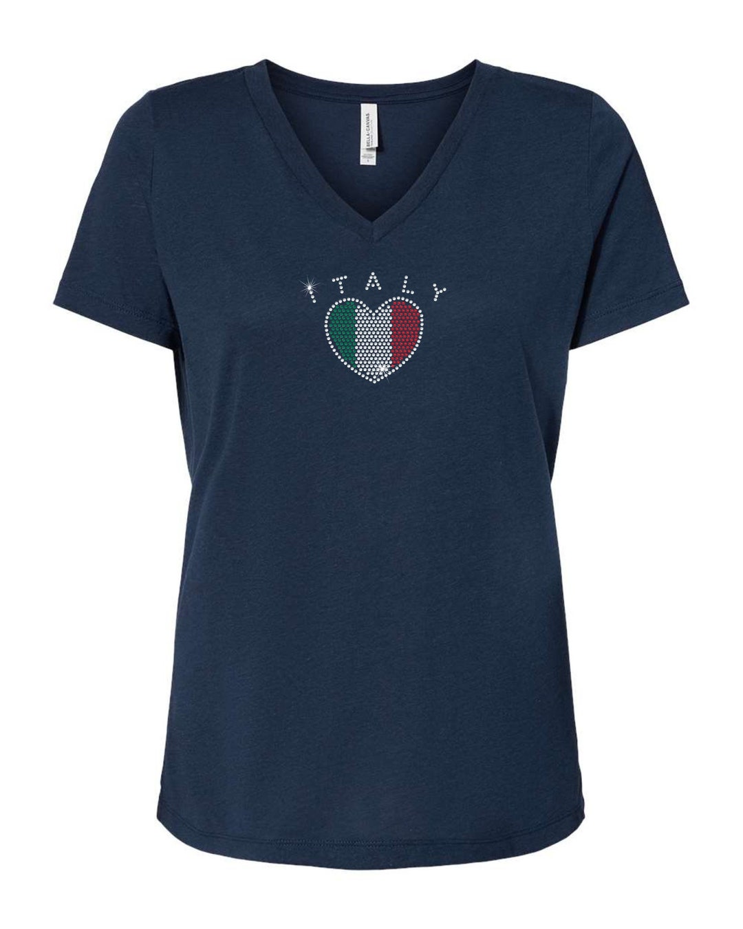 Italy Italian Tshirt Rhinestone Heart Flag on Ladies V Neck T Bling ...