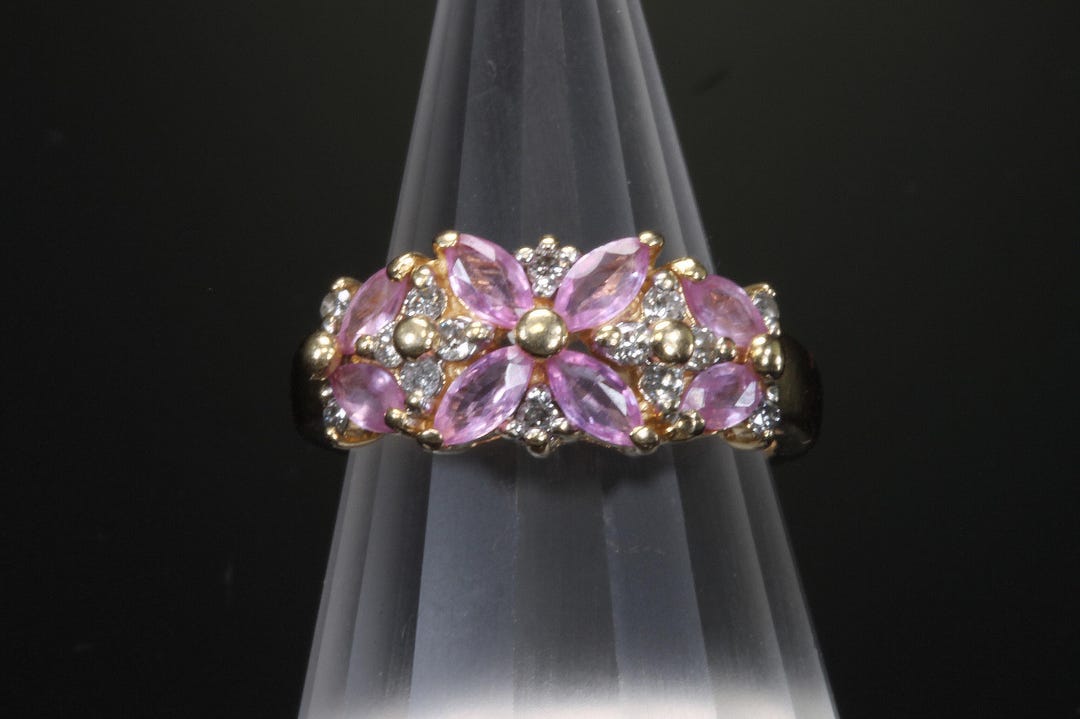 Vintage Pink Sapphire Flowers and Diamond 14k Yellow Gold Ring. - Etsy