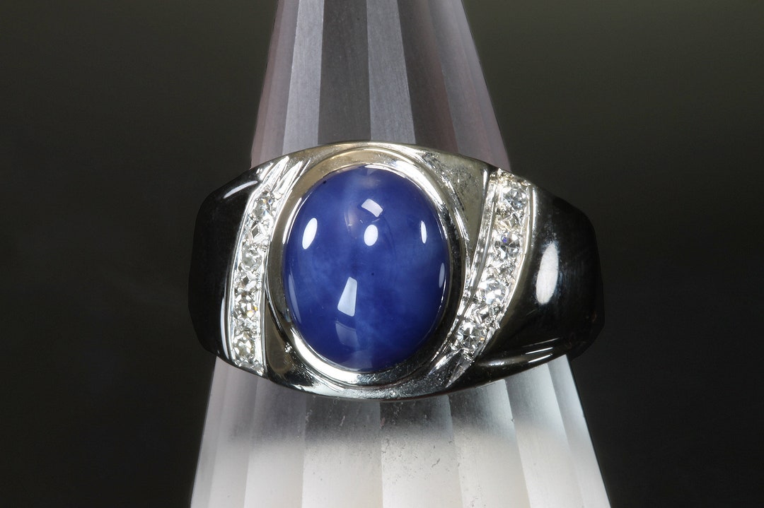 Vintage Linde Star Sapphire Mans Ring, 14K White Gold, .12 Ctw Diamonds ...