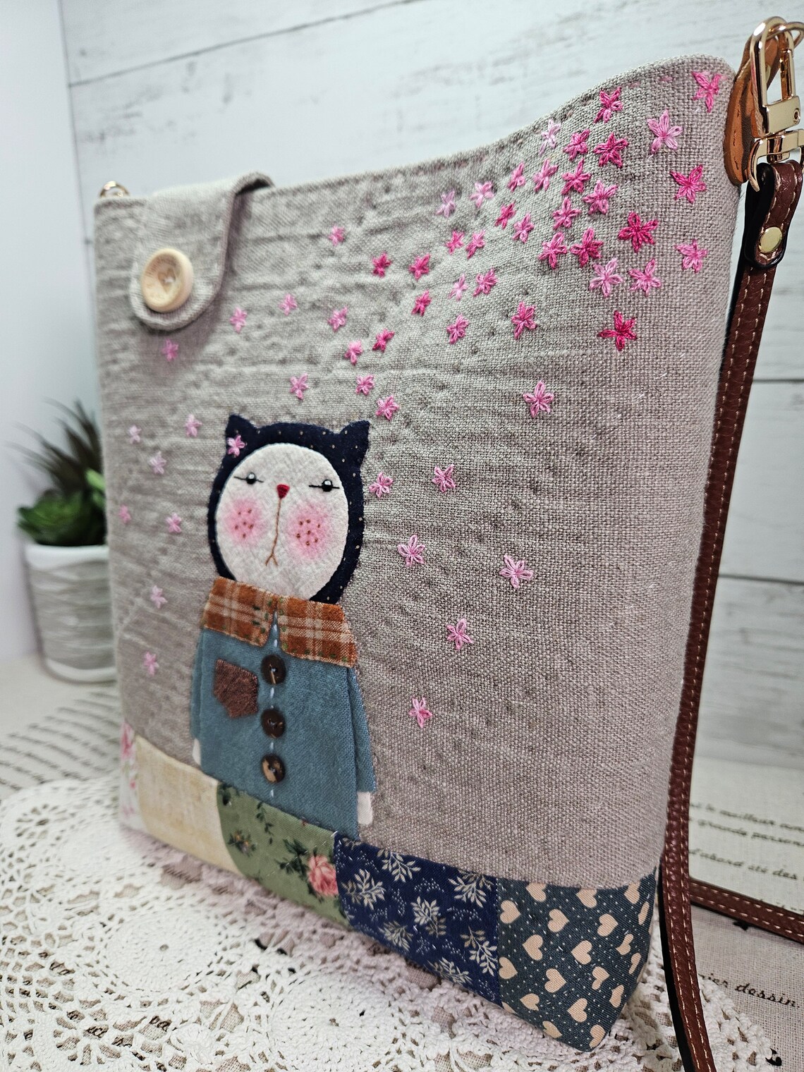 Handmade Linen Bag,patchwork Quilted Bag, Hand Appliqued Quilt Bag,hand Stitched, Hand Quilted ...