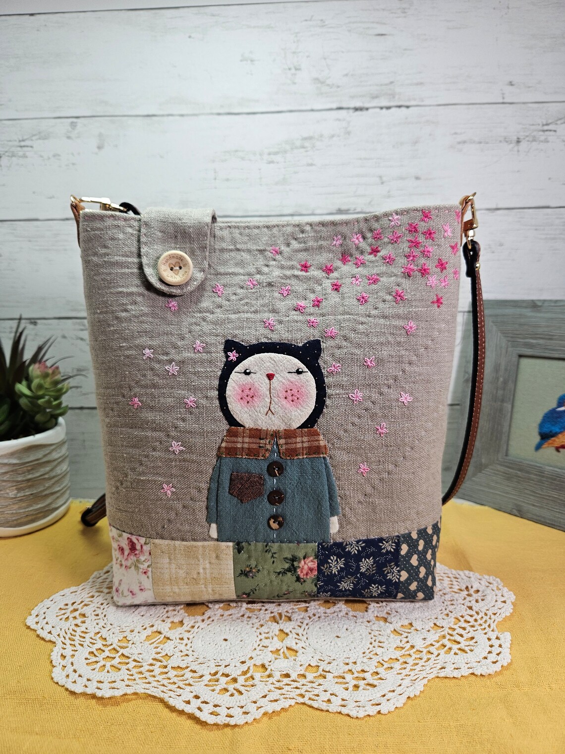 Handmade Linen Bag,patchwork Quilted Bag, Hand Appliqued Quilt Bag,hand Stitched, Hand Quilted ...