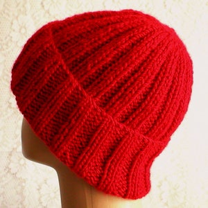 Red Watch Cap - Scarlet Red Brimmed Beanie - Red Chunky Knit Hat - Red ...