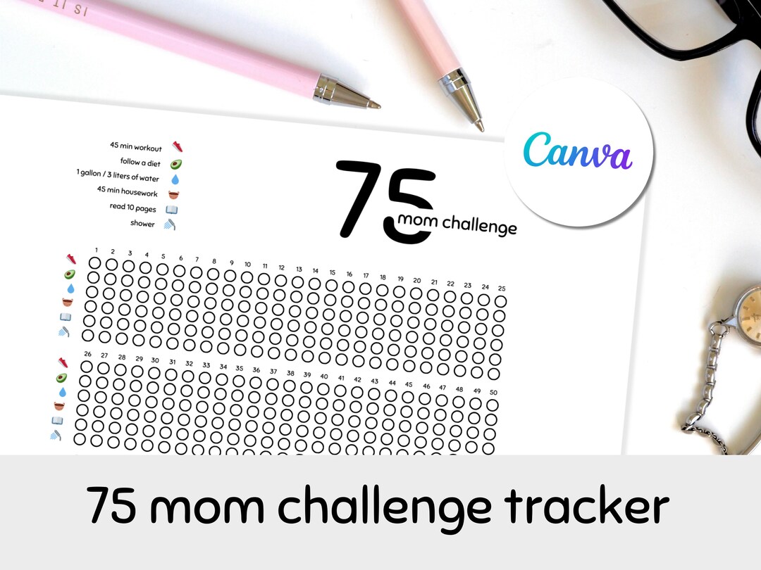 75 Mom Challenge Tracker Editable Template Canva Fitness Printable Cute ...