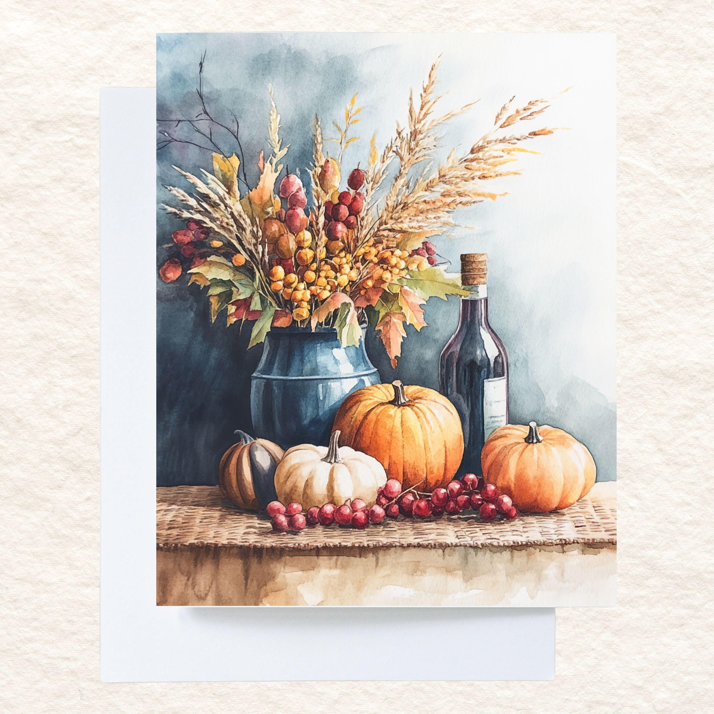 Watercolor Autumn Still Life Greeting Card, Elegant Fall Card, Pumpkin ...
