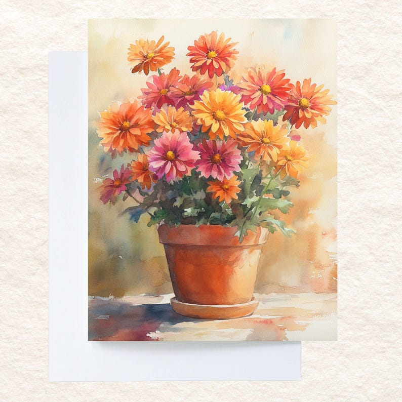Fall Mums Greeting Card, Vibrant Floral Watercolor Card, Autumn Thank ...