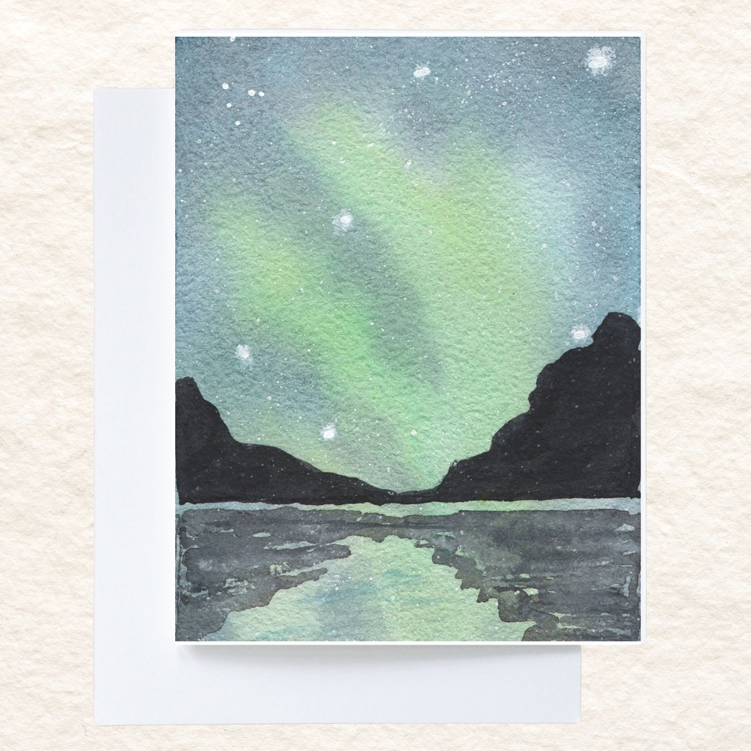 Northern Lights Aurora Borealis Watercolor Art, Handmade Card, Night ...