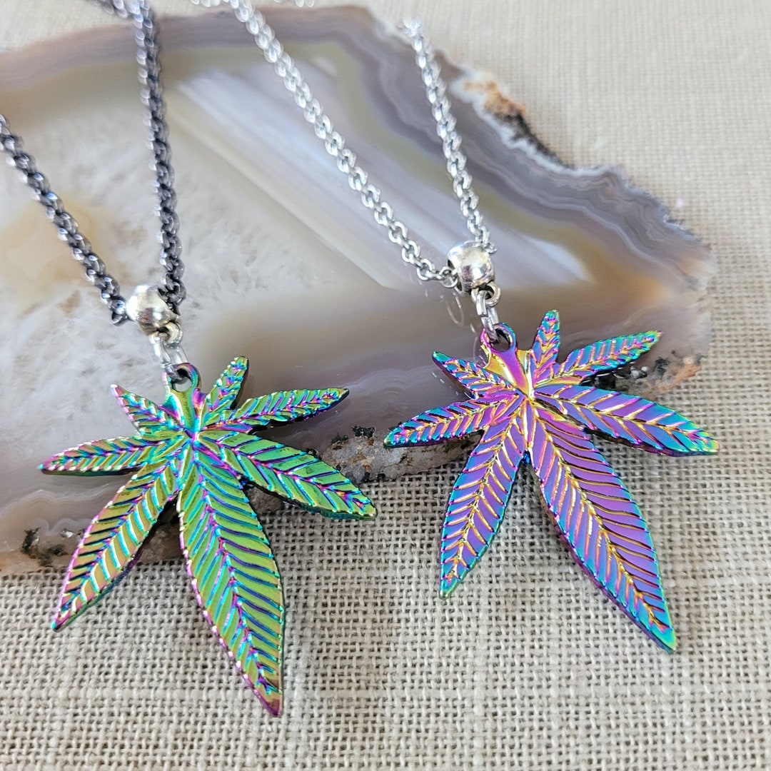 Marijuana Leaf Necklace, Titanium Anodized Rainbow Weed Leaf on Your ...