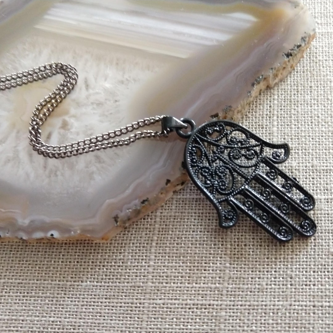 Black Hamsa Necklace, Hand of Fatima Pendant on Thin Gunmetal Chain ...