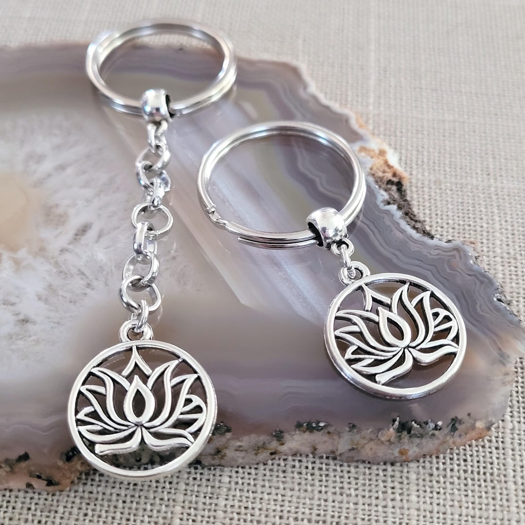 Silver Lotus Flower Keychain: Backpack or Purse Charm, Zipper Pull, Key ...