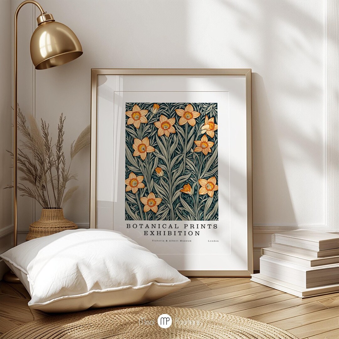 Vintage Botanical Daffodils Linocut Wall Art: William Morris-inspired ...