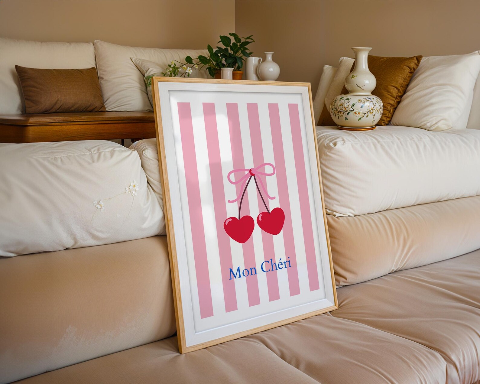 Mon Cheri Print, French Ma Cherie, Red and Pink Print, Cherry Food ...