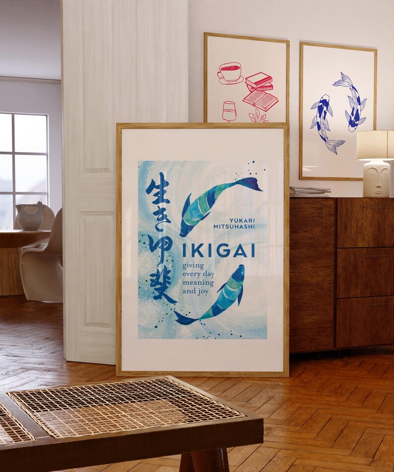 Ikigai Poster, Japanese Motivational Poster, Koi Fish Print, Blue Koi ...