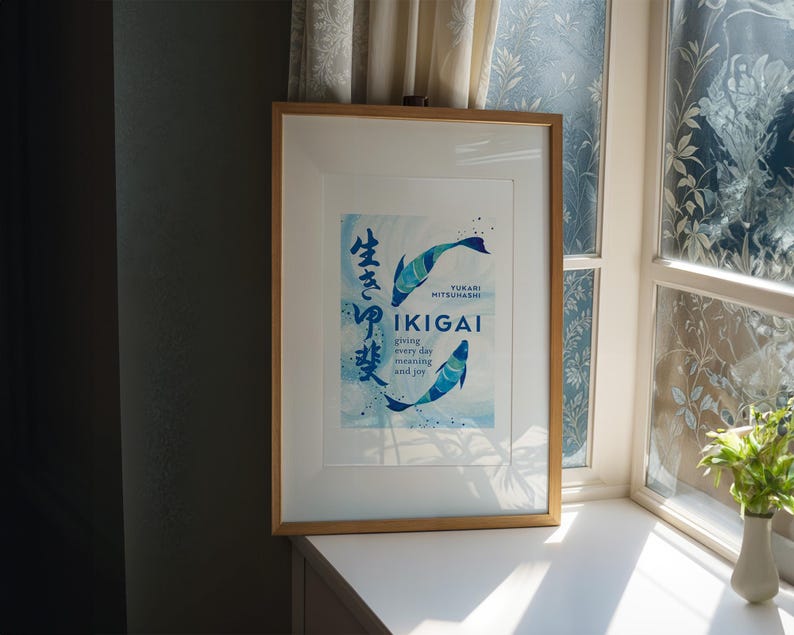 Ikigai Poster, Japanese Motivational Poster, Koi Fish Print, Blue Koi ...