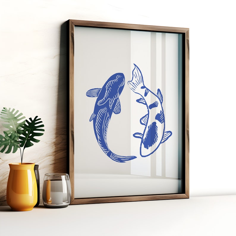 Blue Fish Wall Art , Koi Fish Print , Blue Fish Retro Print , Blue Fish ...