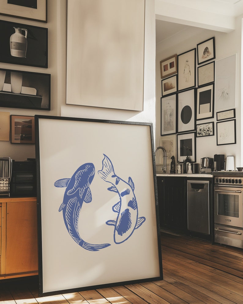 Blue Fish Wall Art , Koi Fish Print , Blue Fish Retro Print , Blue Fish ...