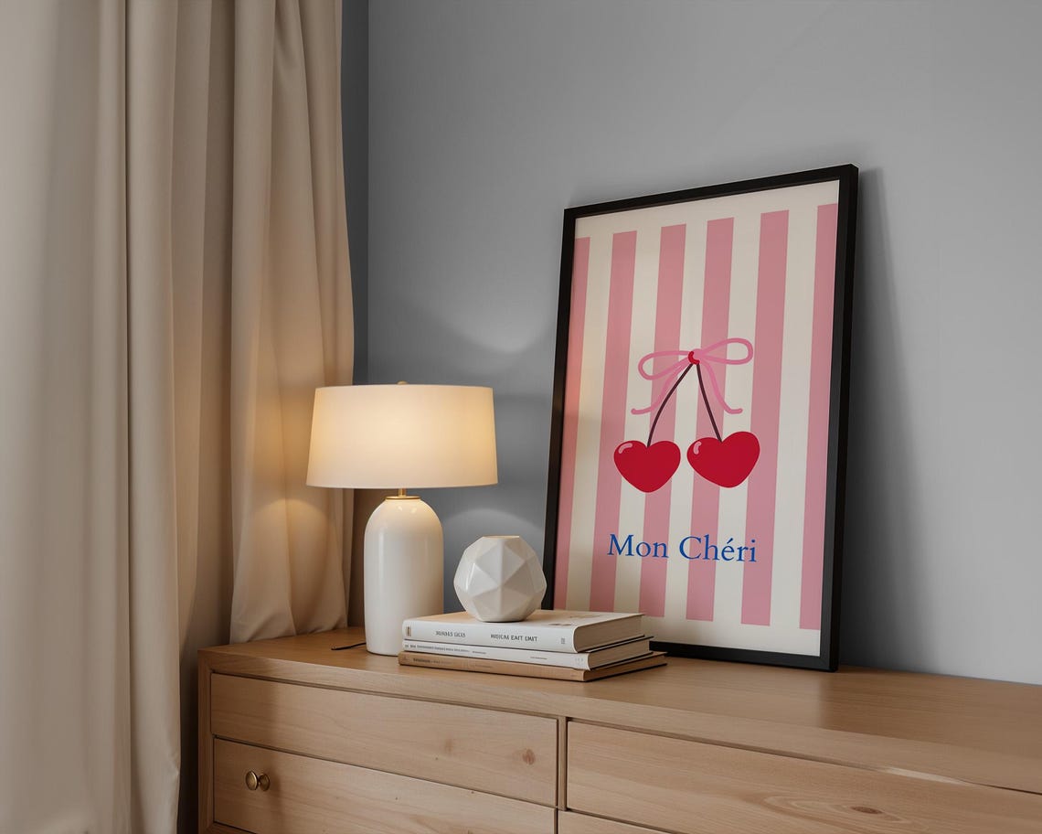 Mon Cheri Print, French Ma Cherie, Red and Pink Print, Cherry Food ...