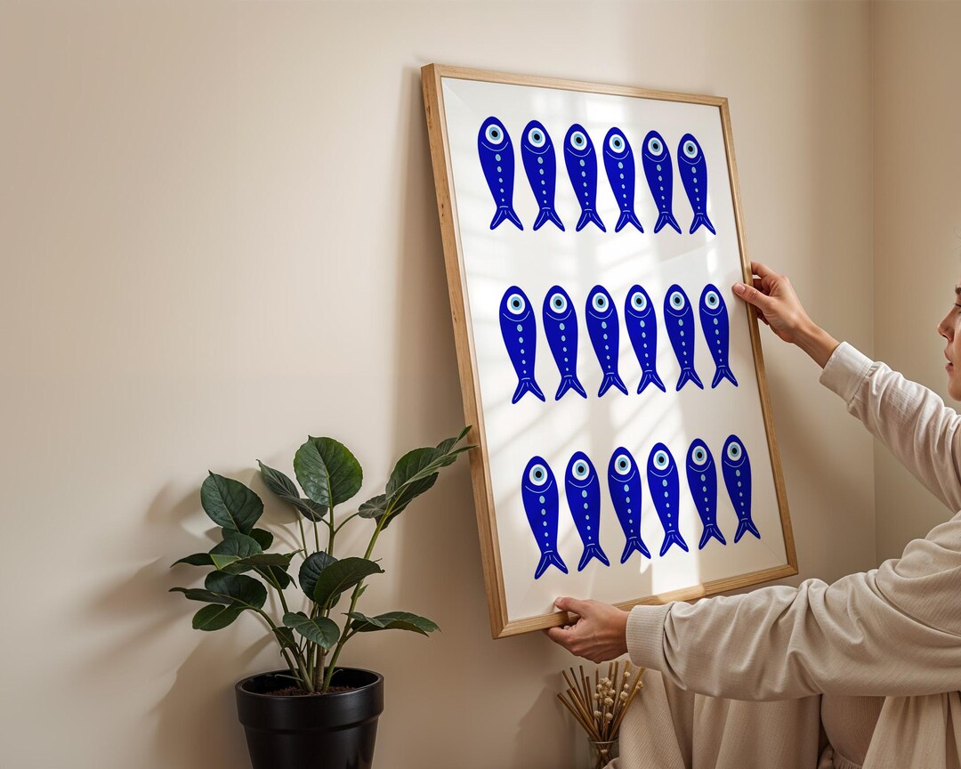 Blue Fish Print, Fish Evil Eye Poster, Turkish Evil Eye, Protection ...