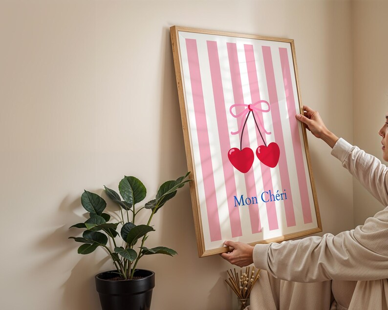 Mon Cheri Print, French Ma Cherie, Red and Pink Print, Cherry Food ...